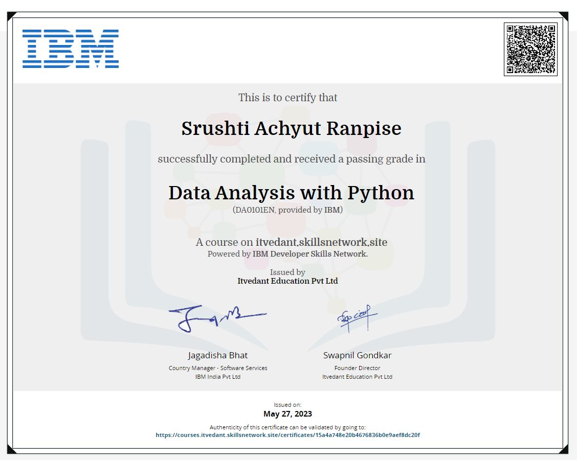 Srushti Ranpise on LinkedIn: #python #dataanalysis #ibmcertification Srushti Ranpise on LinkedIn: #python #dataanalysis #ibmcertification