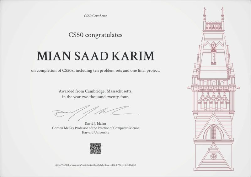 Mian Saad karim on LinkedIn: I took cs50.. Mian Saad karim on LinkedIn: I took cs50..