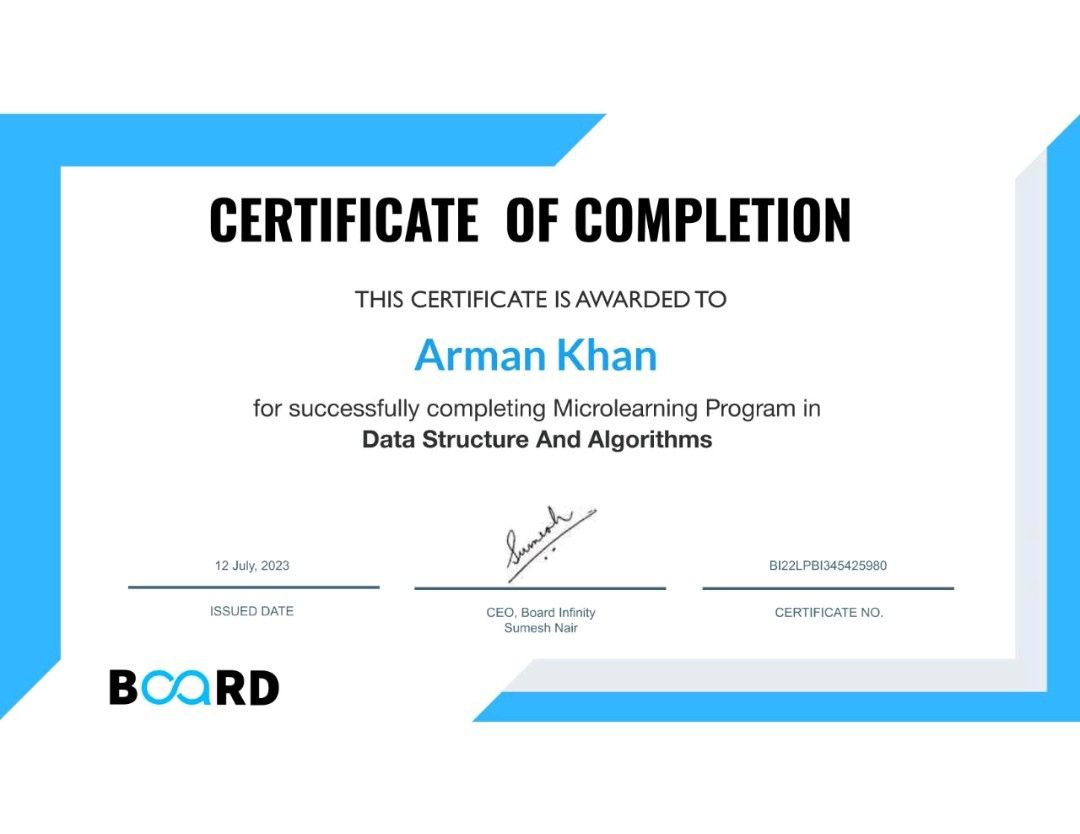 Arman khan on LinkedIn: #dsa #datastructures #algorithms #certification ... Arman khan on LinkedIn: #dsa #datastructures #algorithms #certification ...