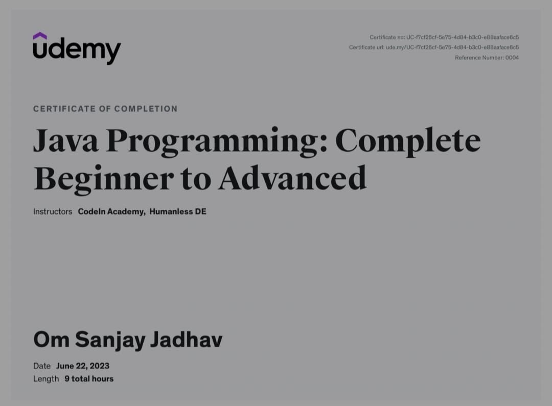 Om Jadhav on LinkedIn: #javacertified #programmingjourney Om Jadhav on LinkedIn: #javacertified #programmingjourney