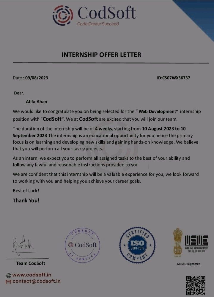Afifa Khan on LinkedIn: #codsoft #webdevelopment #intern #codsoftinternship Afifa Khan on LinkedIn: #codsoft #webdevelopment #intern #codsoftinternship
