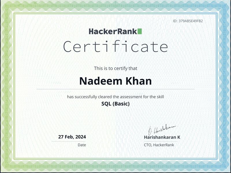 Nadeem Khan on LinkedIn: #sql #hackerrank #certification #scaler # ... Nadeem Khan on LinkedIn: #sql #hackerrank #certification #scaler # ...