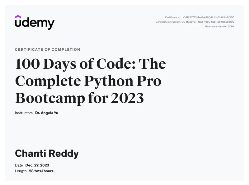 Koluguri Chanti Reddy on LinkedIn: #python #udemy #pythonbootcamp Koluguri Chanti Reddy on LinkedIn: #python #udemy #pythonbootcamp
