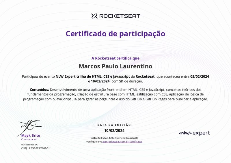 🚀 Muito feliz em compartilhar que concluà com sucesso a jornada no NLW ... 🚀 Muito feliz em compartilhar que concluà com sucesso a jornada no NLW ...