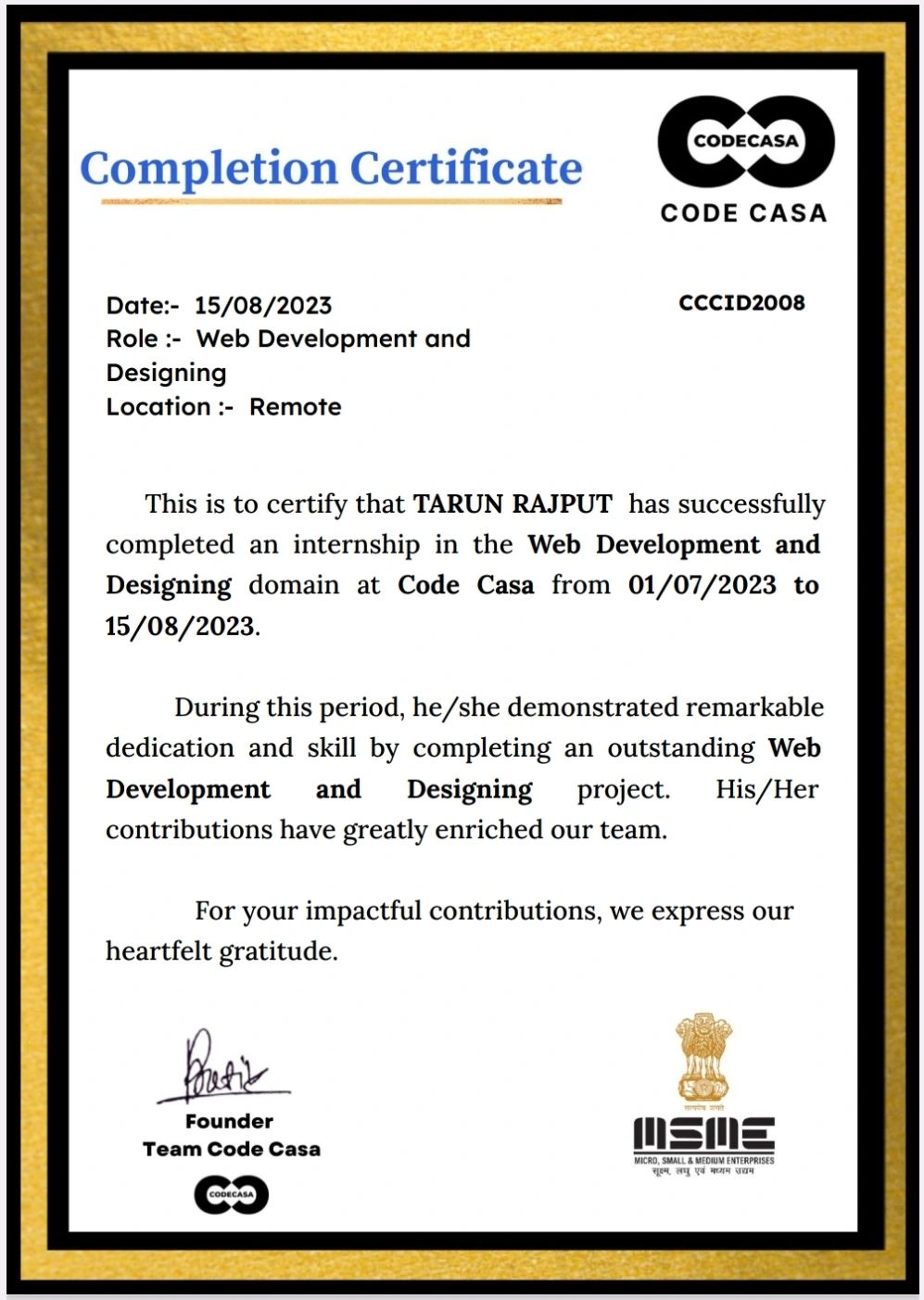 Tarun Rajput on LinkedIn: #internshipcompleted #codecasaintern # ... Tarun Rajput on LinkedIn: #internshipcompleted #codecasaintern # ...
