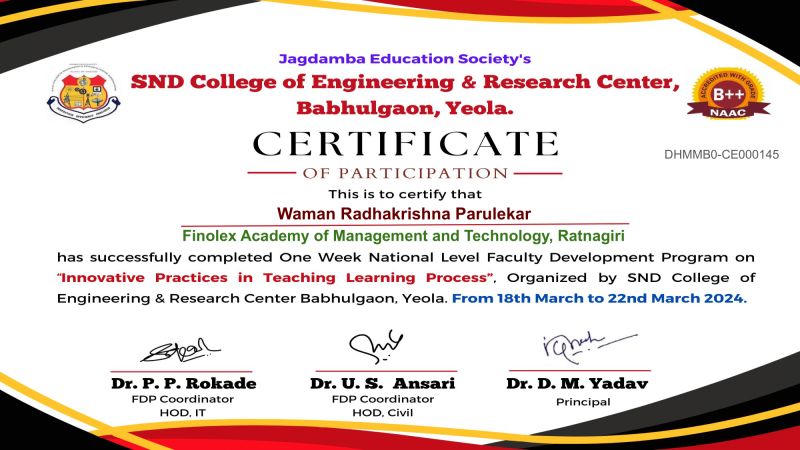 Completed One week National Level FDP on Innovative Practices in ... Completed One week National Level FDP on Innovative Practices in ...