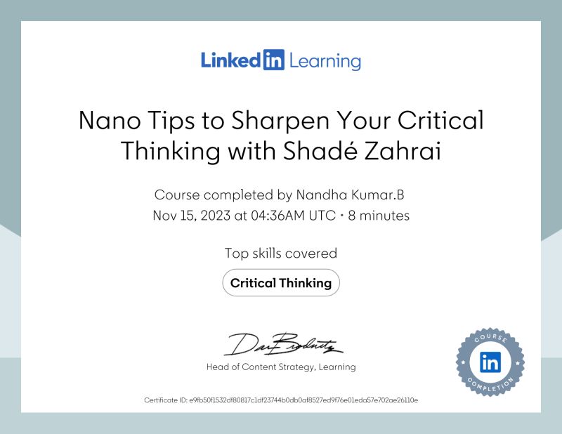 Nandha Kumar.B on LinkedIn: Certificate of Completion Nandha Kumar.B on LinkedIn: Certificate of Completion