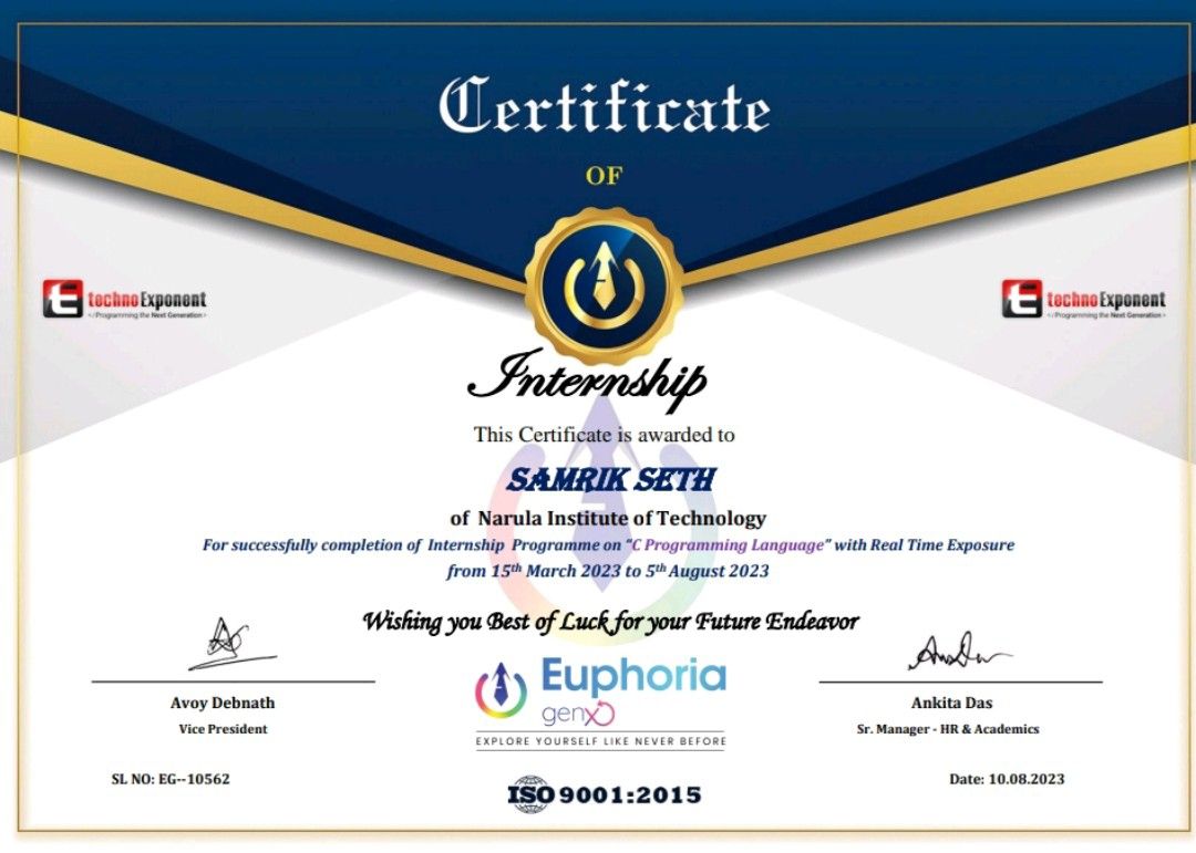 SAMRIK SETH on LinkedIn: My first internship certificate from Euphoria GenX SAMRIK SETH on LinkedIn: My first internship certificate from Euphoria GenX