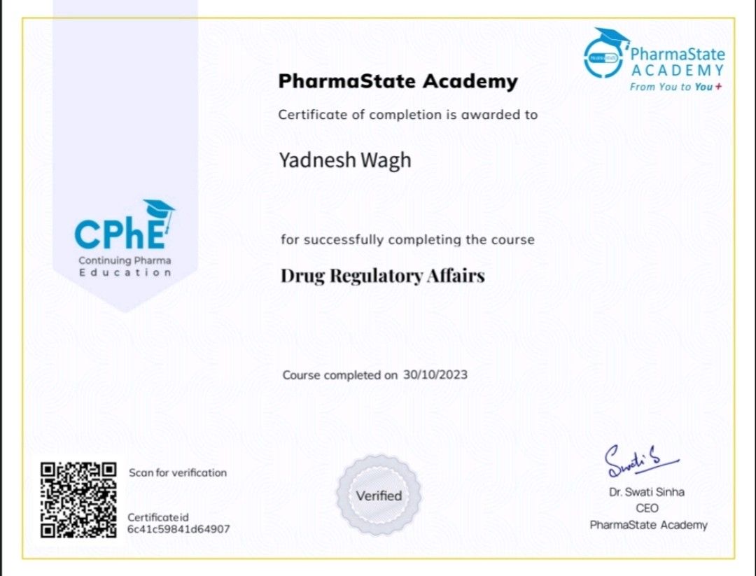 Yadnesh Wagh on LinkedIn: I am happy to share my certificate in Drug ... Yadnesh Wagh on LinkedIn: I am happy to share my certificate in Drug ...