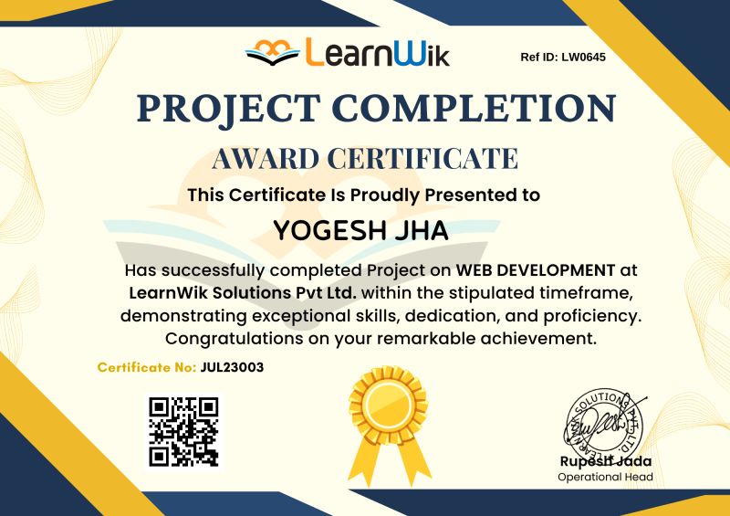 Yogesh Jha on LinkedIn: #projectcompletionaward #learnwikksolutions Yogesh Jha on LinkedIn: #projectcompletionaward #learnwikksolutions