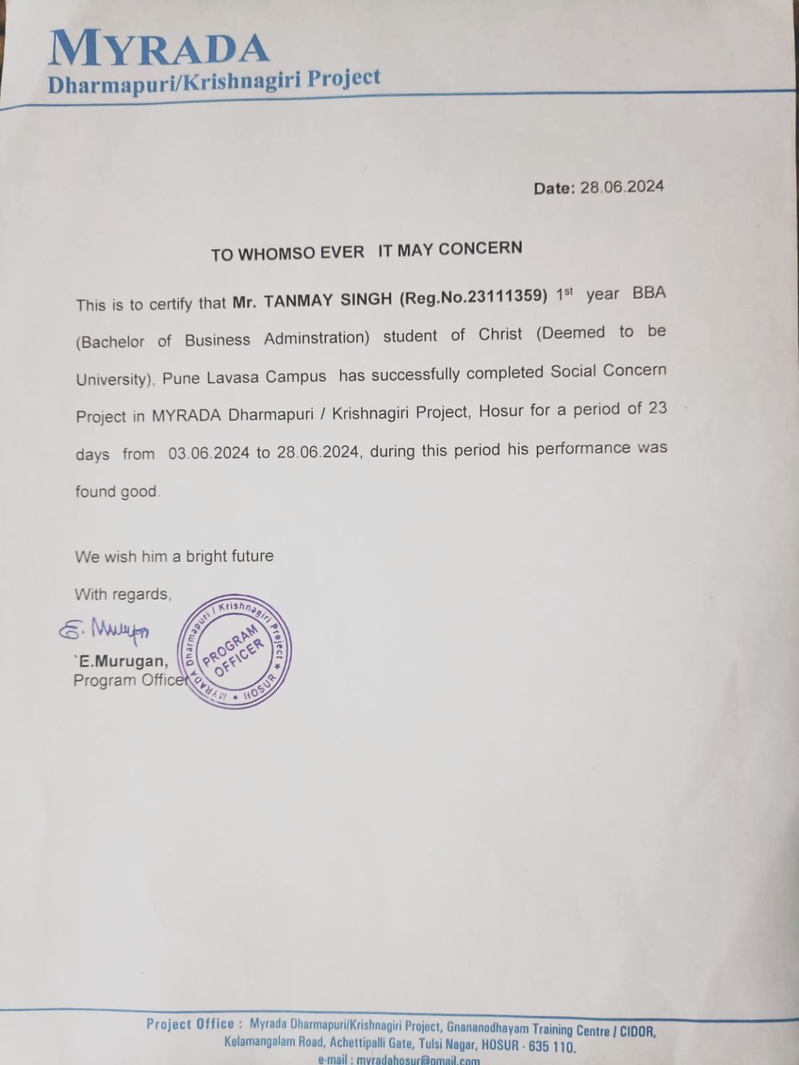 Completed internship with Myrada Dharmapuri Project | Tanmay Singh ... Completed internship with Myrada Dharmapuri Project | Tanmay Singh ...