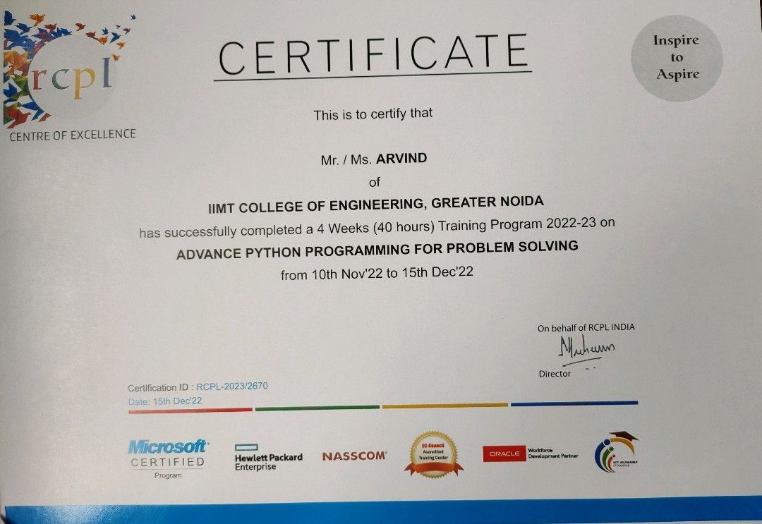 Arvind Sehrawat on LinkedIn: completed my advance python programming ... Arvind Sehrawat on LinkedIn: completed my advance python programming ...