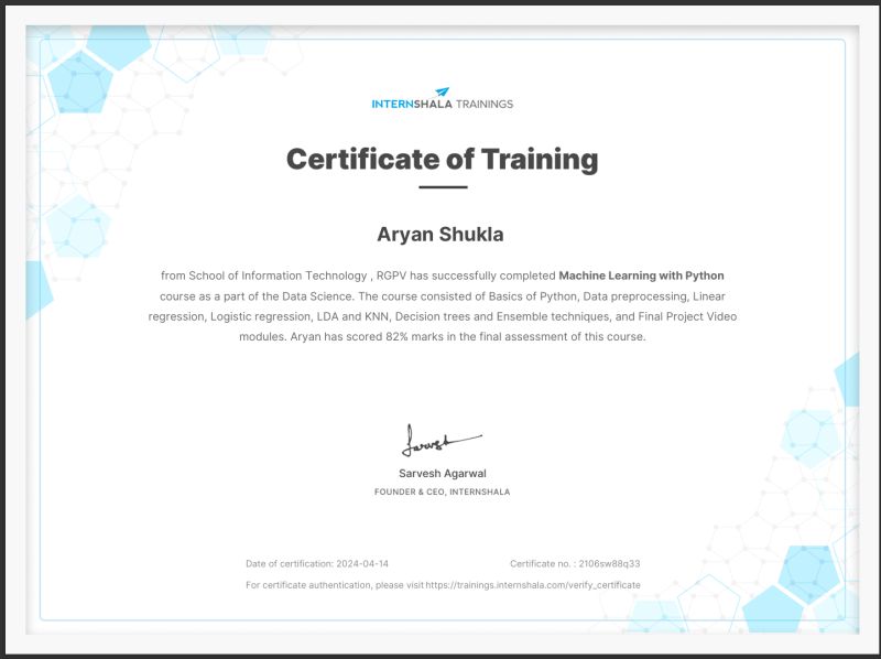 Aryan Shukla on LinkedIn: #python #machinelearning #certificate # ... Aryan Shukla on LinkedIn: #python #machinelearning #certificate # ...