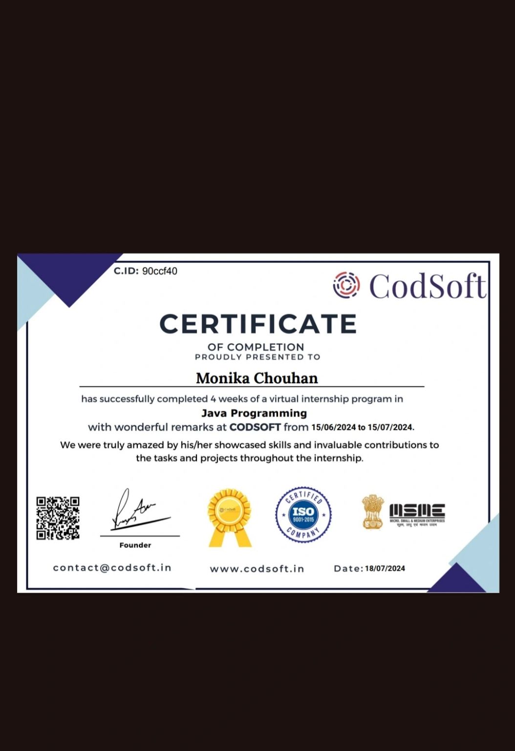 Monika Chouhan on LinkedIn: #codsoft #certificate #javaprograming #intern Monika Chouhan on LinkedIn: #codsoft #certificate #javaprograming #intern