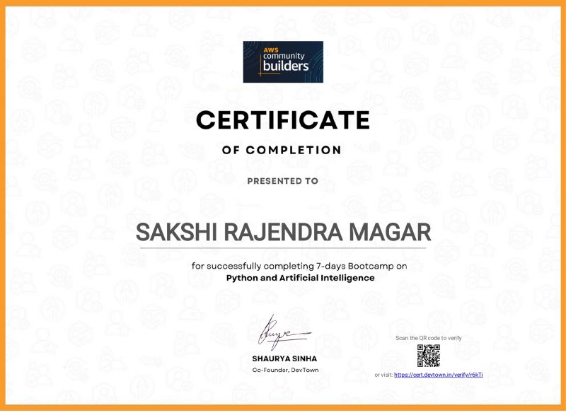 Sakshi Magar on LinkedIn: #ai #python #certification #devtown Sakshi Magar on LinkedIn: #ai #python #certification #devtown