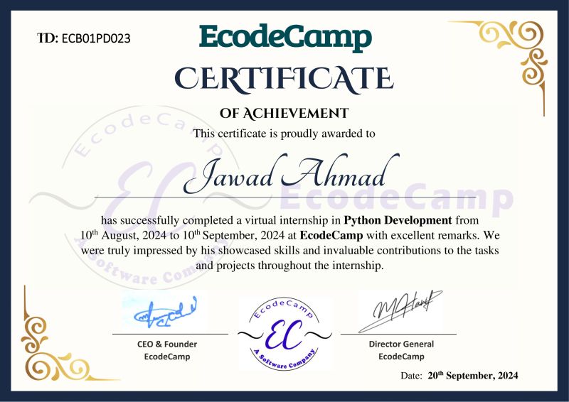 Jawad Ahmad on LinkedIn: #internship #pythondevelopment #ecodecamp # ... Jawad Ahmad on LinkedIn: #internship #pythondevelopment #ecodecamp # ...