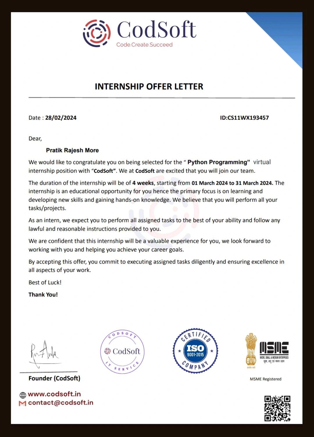 Pratik More on LinkedIn: #codsoft #codsoftintern #python #pythonlearning Pratik More on LinkedIn: #codsoft #codsoftintern #python #pythonlearning