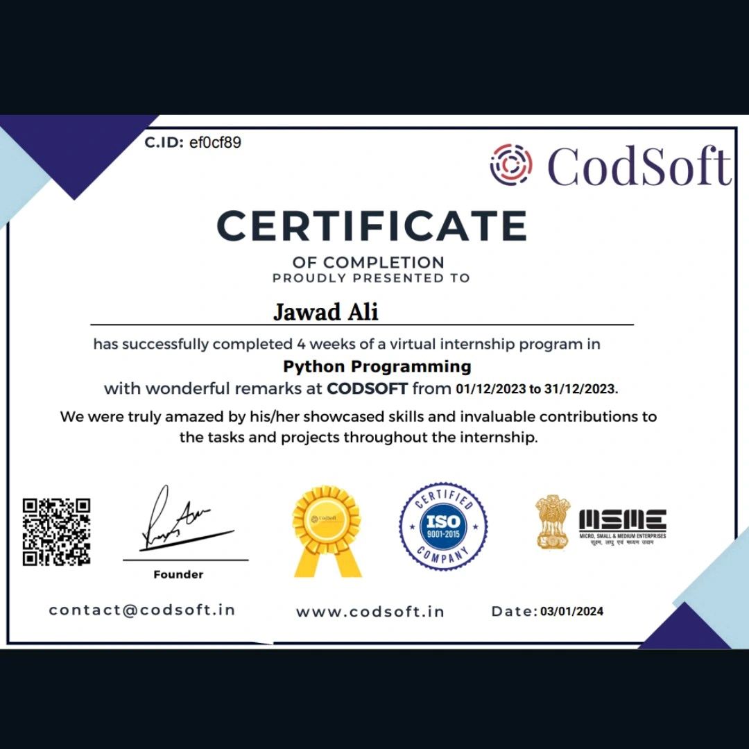 Completed a 4-week internship at Codsoft | Jawad Ali posted on the ... Completed a 4-week internship at Codsoft | Jawad Ali posted on the ...