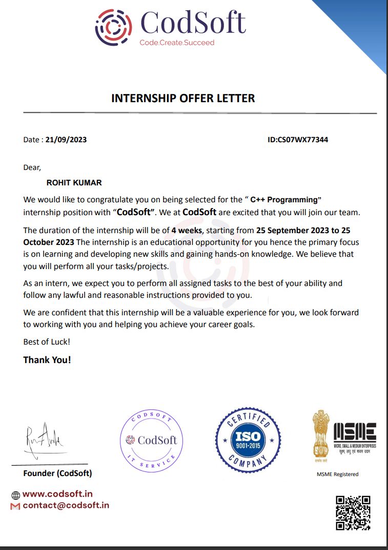 Rohit Kumar on LinkedIn: #internship #cplusplus #codesoft # ... Rohit Kumar on LinkedIn: #internship #cplusplus #codesoft # ...