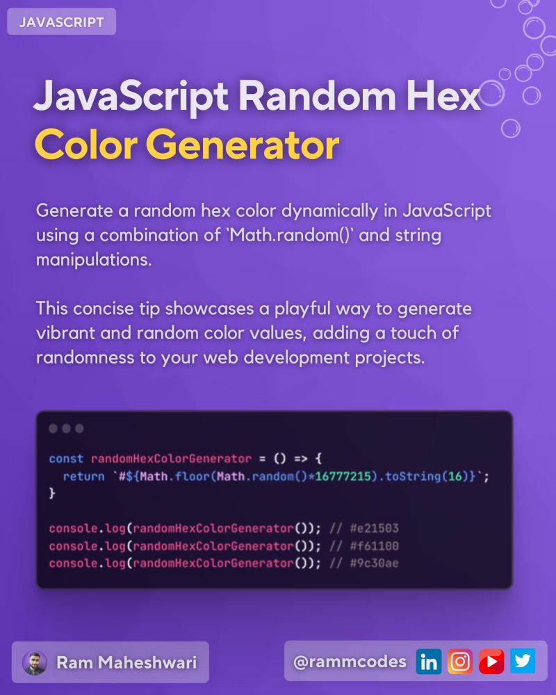 Ram Maheshwari ♾️ on LinkedIn: Generate Random Hex Colors in JavaScript ... Ram Maheshwari ♾️ on LinkedIn: Generate Random Hex Colors in JavaScript ...