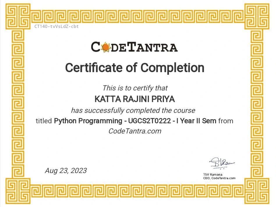 Successfully completed 👍 Code tantra Python course | Rajini Priya Katta Successfully completed 👍 Code tantra Python course | Rajini Priya Katta