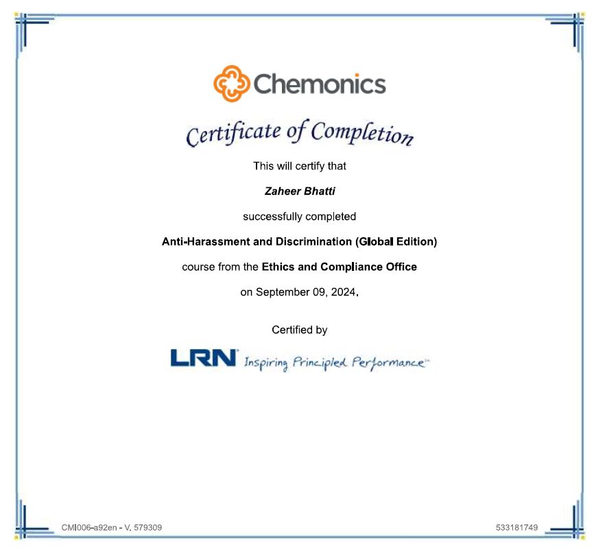 Zaheer Bhatti on LinkedIn: Certificate of Completion: Anti-Harassment ... Zaheer Bhatti on LinkedIn: Certificate of Completion: Anti-Harassment ...
