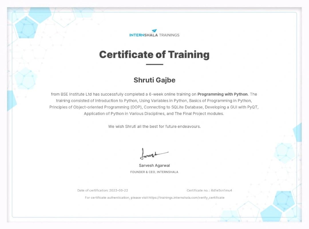 Completed Python programming course with Internshala | Shruti Gajbe ... Completed Python programming course with Internshala | Shruti Gajbe ...