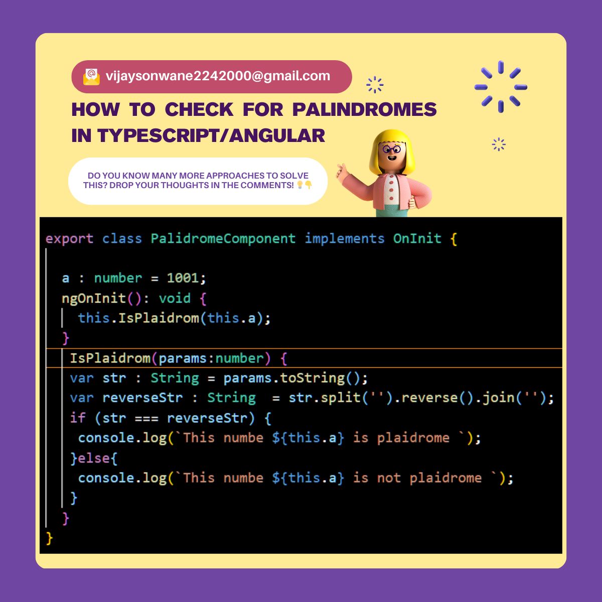 How to Check for Palindromes in TypeScript/Angular | Vijay Sonwane ... How to Check for Palindromes in TypeScript/Angular | Vijay Sonwane ...