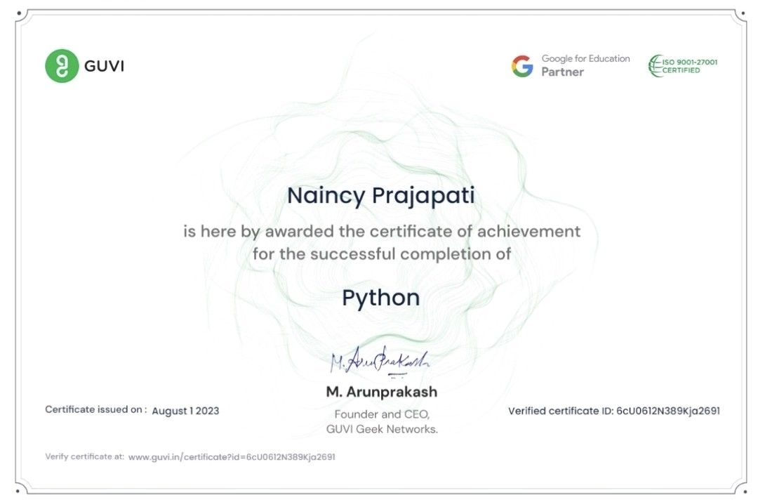 Naincy Prajapati on LinkedIn: #pythoncertified #codingjourney #pythonskills Naincy Prajapati on LinkedIn: #pythoncertified #codingjourney #pythonskills