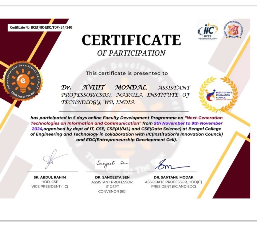 Avijit Mondal, Ph.D on LinkedIn: Received FDP Certificate from BCET ... Avijit Mondal, Ph.D on LinkedIn: Received FDP Certificate from BCET ...
