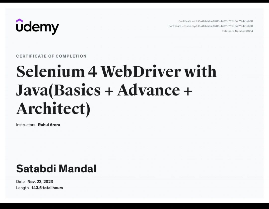 Completed Selenium 4 Webdriver with Java course | Satabdi Mandal posted ... Completed Selenium 4 Webdriver with Java course | Satabdi Mandal posted ...
