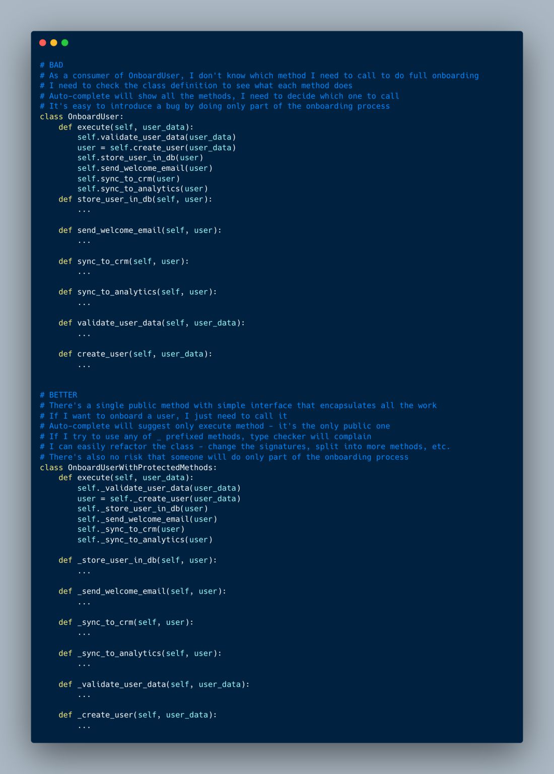 Testdriven.io on LinkedIn: Python Clean Code Tip: Hide implementation ... Testdriven.io on LinkedIn: Python Clean Code Tip: Hide implementation ...