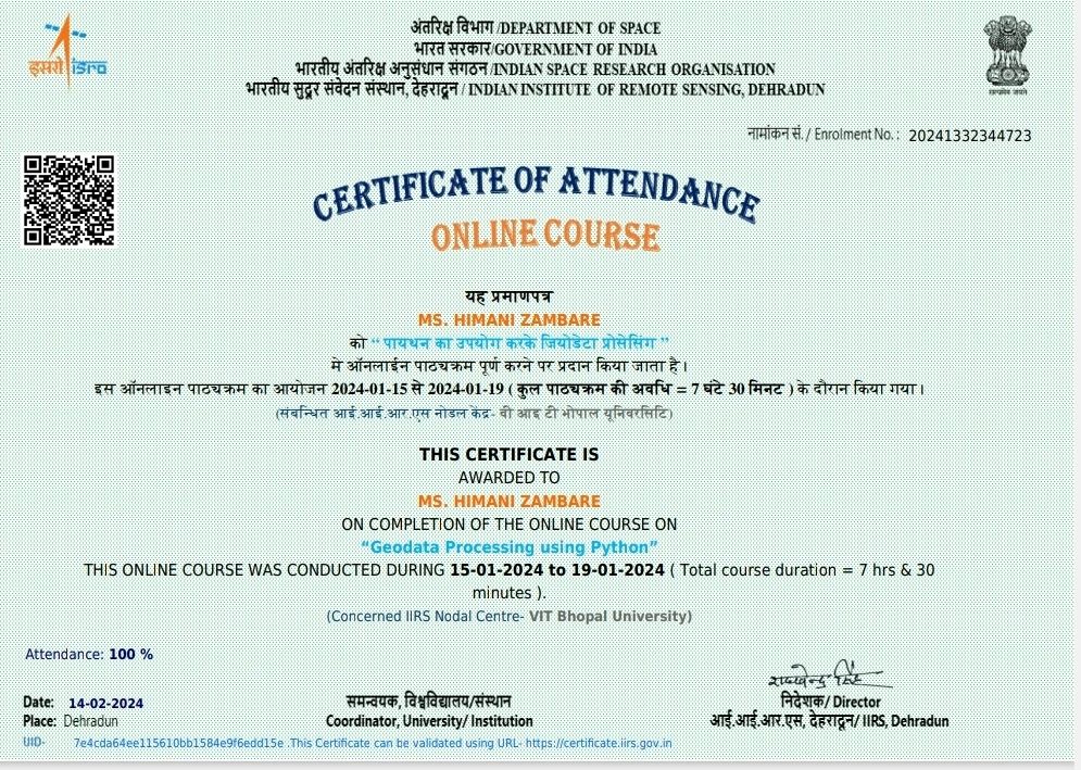 Completed Geodata Processing course by ISRO | Himani Zambare posted on ... Completed Geodata Processing course by ISRO | Himani Zambare posted on ...