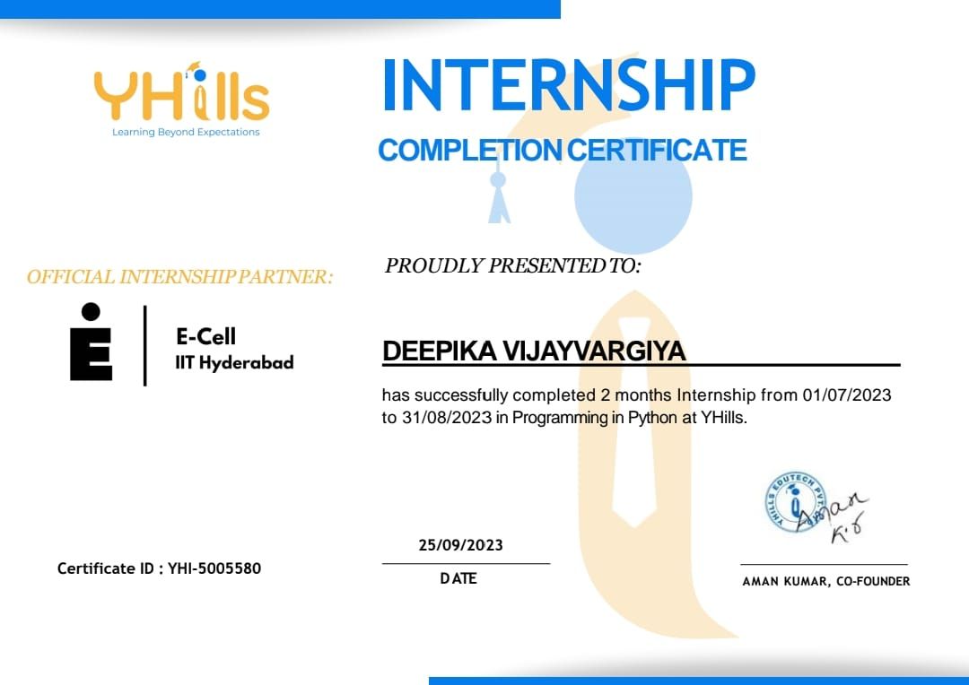#python #internship #yhills | Deepika Vijayvargiya #python #internship #yhills | Deepika Vijayvargiya