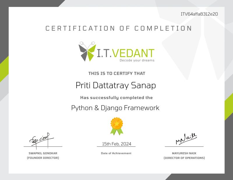 Priti Sanap on LinkedIn: #python #django #certified #pythonprogramming ... Priti Sanap on LinkedIn: #python #django #certified #pythonprogramming ...