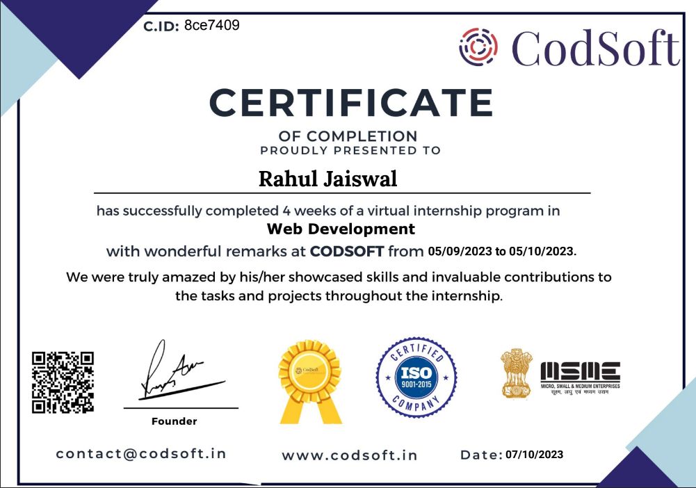 RAHUL JAISWAL on LinkedIn: #webdevelopment #internship #codsoft # ... RAHUL JAISWAL on LinkedIn: #webdevelopment #internship #codsoft # ...