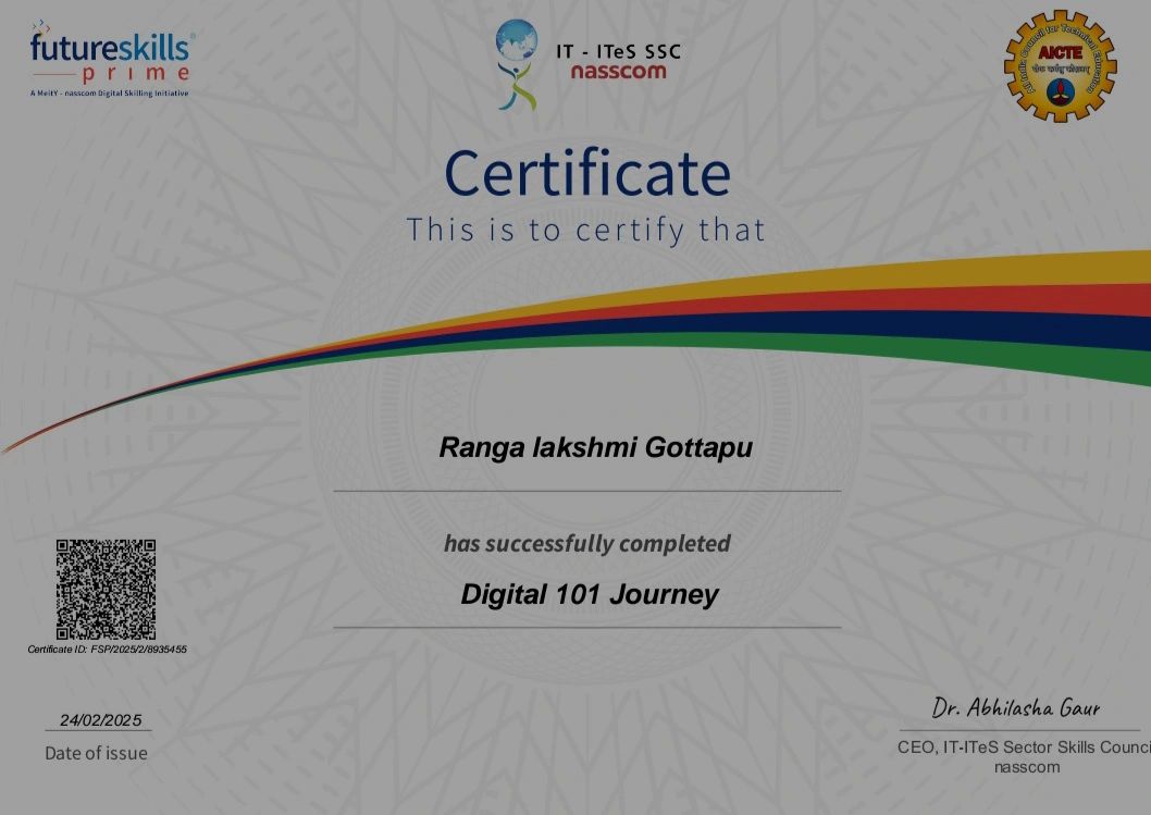 successfully completed NASSCOM certificate 🥳 | Ranga Lakshmi Gottapu successfully completed NASSCOM certificate 🥳 | Ranga Lakshmi Gottapu