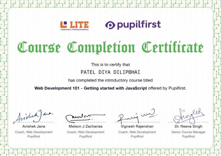 Diya Patel on LinkedIn: #javascript #teaching #certificate Diya Patel on LinkedIn: #javascript #teaching #certificate