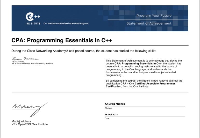 Anurag Mishra on LinkedIn: Successfully Completed C++ Programming ... Anurag Mishra on LinkedIn: Successfully Completed C++ Programming ...