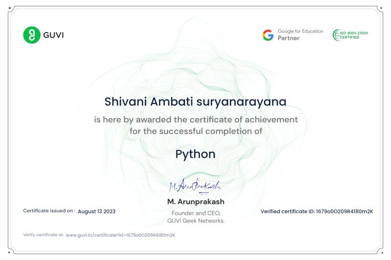 Finished Python course with Guvi | Shivani Ambati posted on the topic ... Finished Python course with Guvi | Shivani Ambati posted on the topic ...
