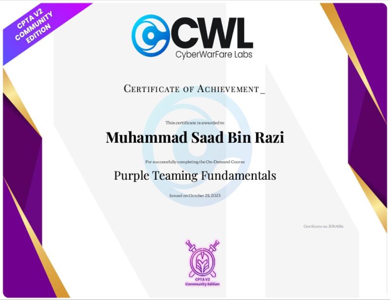 Earned Purple Teaming Fundamentals from CyberWarFare | M.Saad Bin Razi ... Earned Purple Teaming Fundamentals from CyberWarFare | M.Saad Bin Razi ...