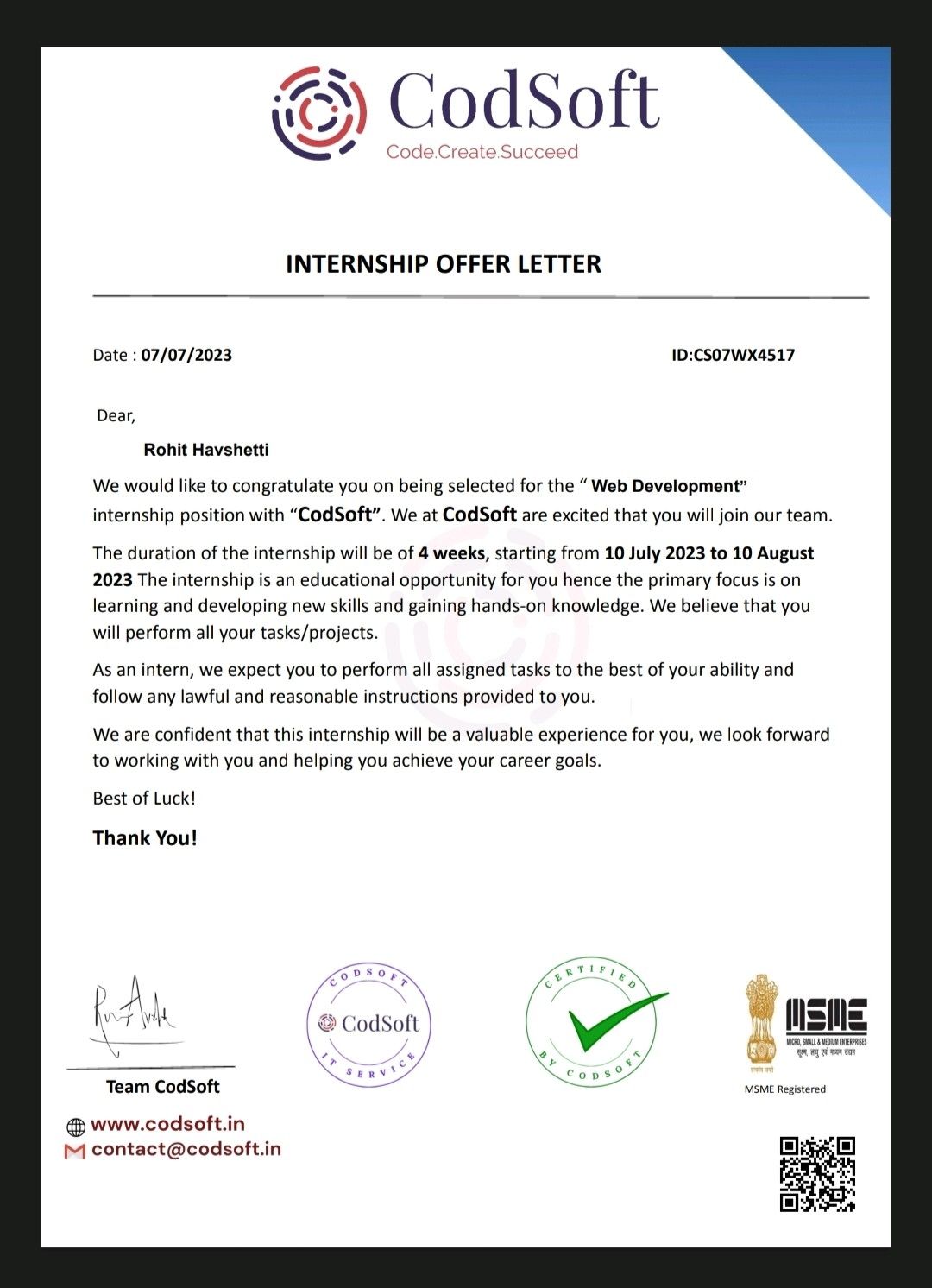 Rohit Havshetti on LinkedIn: #codsoft #codsoft #intern #mitwpu # ... Rohit Havshetti on LinkedIn: #codsoft #codsoft #intern #mitwpu # ...