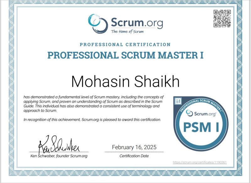 Hi I have completed Professional Scrum Master Level 1 Ceritfication ... Hi I have completed Professional Scrum Master Level 1 Ceritfication ...