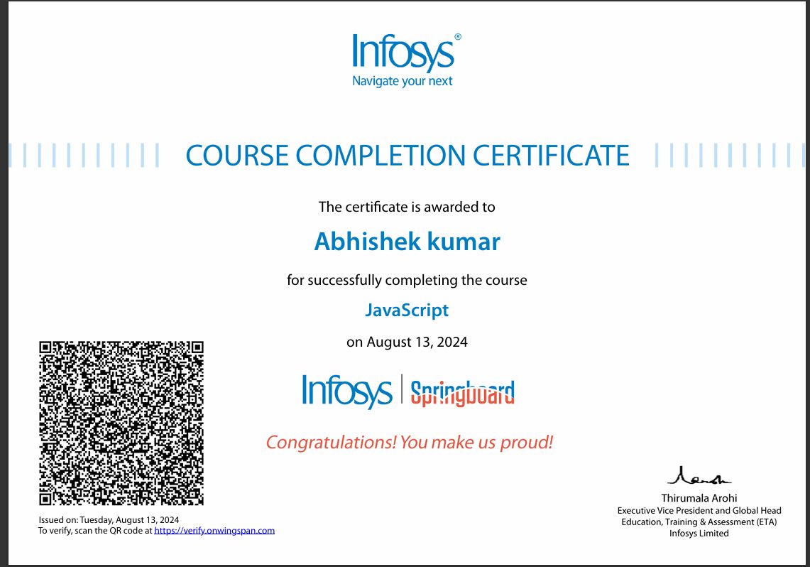 Abhishek kumar on LinkedIn: #infosys #javascript #webdevelopment Abhishek kumar on LinkedIn: #infosys #javascript #webdevelopment