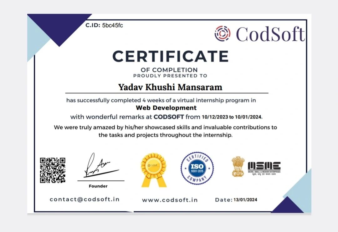 Khushi Yadav on LinkedIn: #codesoft #codesoft #internship #webdevelopment Khushi Yadav on LinkedIn: #codesoft #codesoft #internship #webdevelopment