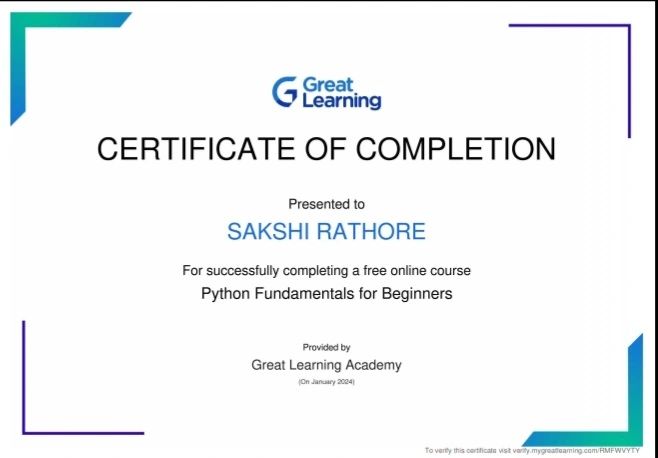 Sakshi Rathore on LinkedIn: Completed python certification course Sakshi Rathore on LinkedIn: Completed python certification course