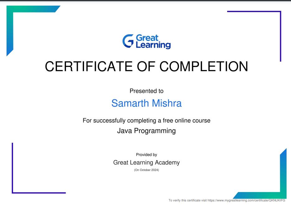 Samarth Mishra on LinkedIn: #javacertified #codingjourney Samarth Mishra on LinkedIn: #javacertified #codingjourney