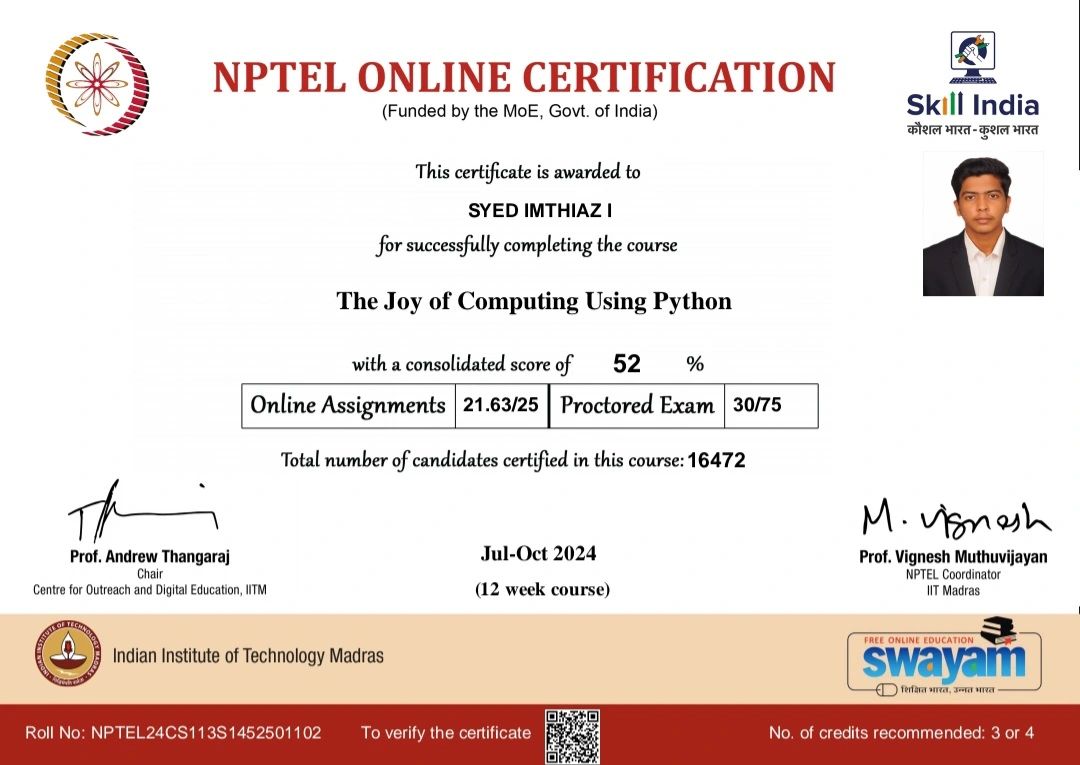 Syed Imthiaz I on LinkedIn: #pythonprogramming #nptel #codingskills # ... Syed Imthiaz I on LinkedIn: #pythonprogramming #nptel #codingskills # ...