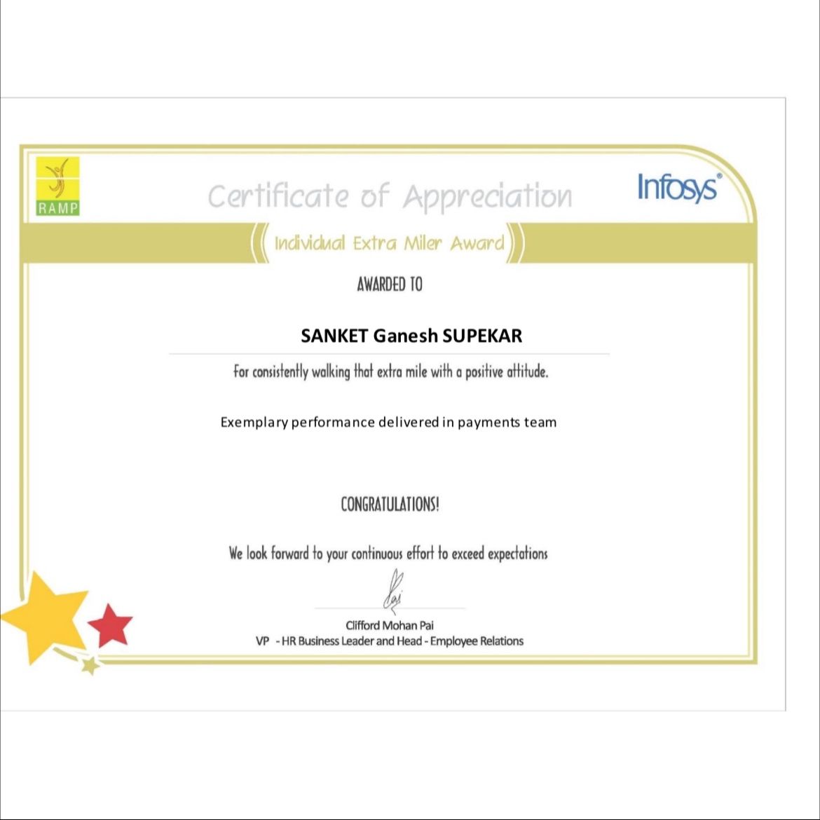 Sanket Supekar on LinkedIn: #spotaward #individual_extra_miler_award Sanket Supekar on LinkedIn: #spotaward #individual_extra_miler_award