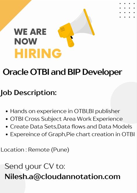 Nilesh A on LinkedIn: Hi All, We are hiring Oracle cloud OTBI and BIP ... Nilesh A on LinkedIn: Hi All, We are hiring Oracle cloud OTBI and BIP ...